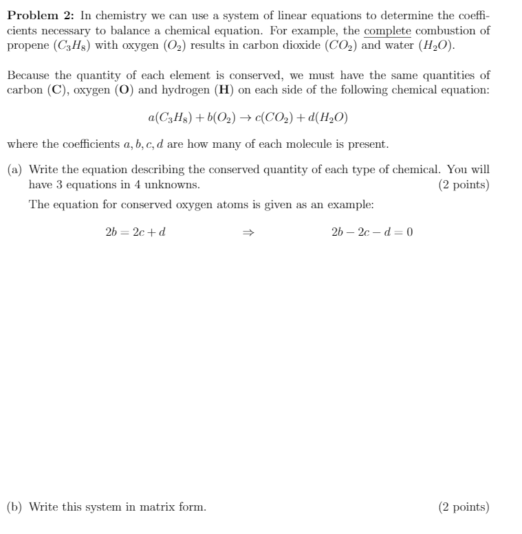 Solved Problem 2: In chemistry we can use a system of linear | Chegg.com