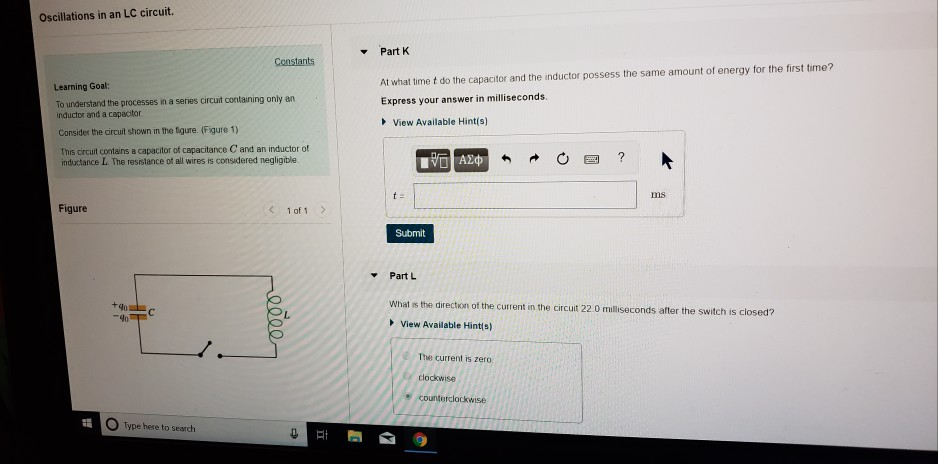 Solved Oscillations in an LC circuit. Constants Part C | Chegg.com