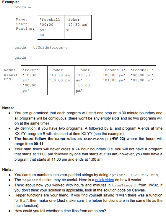 Function Name: tvGuide Inputs: 1. (struct) 1xN | Chegg.com