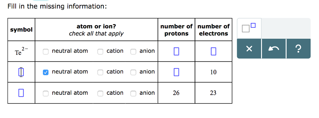 Solved Fill in the missing information: atom or ion? check | Chegg.com