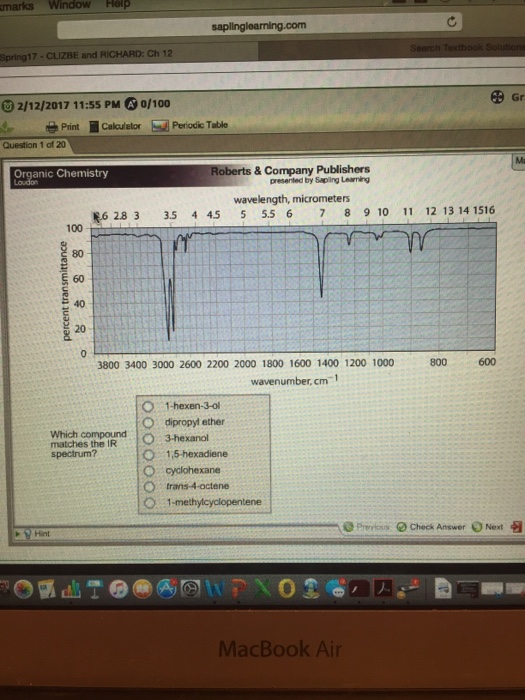 Solved Which compound matches the IR spectrum? 1-hexen-3-ol | Chegg.com