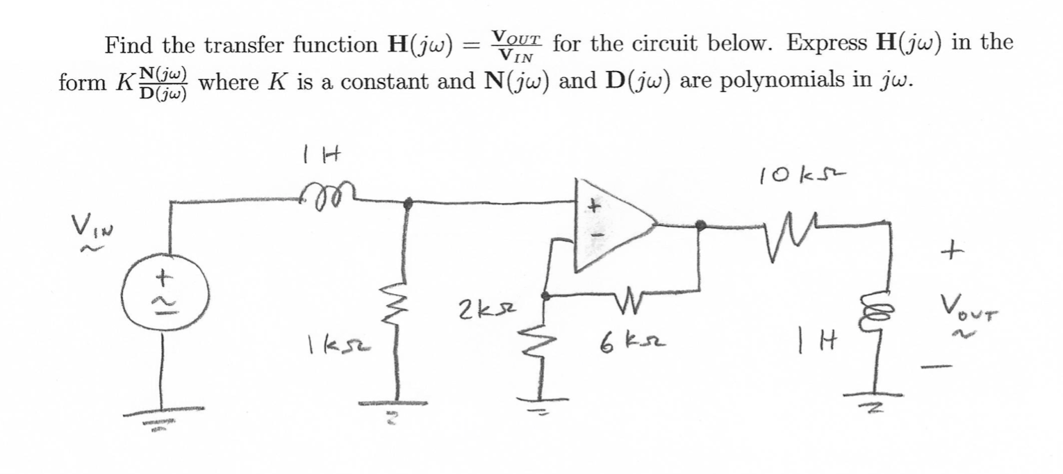 Solved Find the transfer function H(jω)=VINVOUT for the | Chegg.com