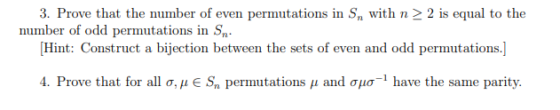 Solved 3. Prove that the number of even permutations in Sn | Chegg.com