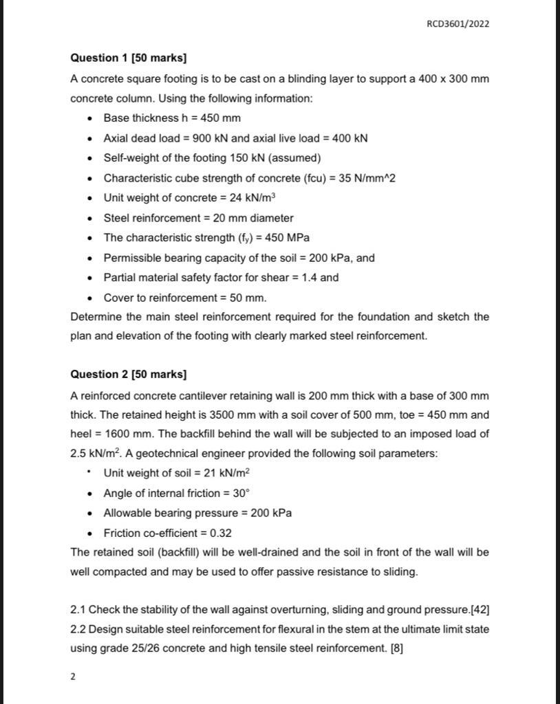 Solved Question 1 [50 marks] A concrete square footing is to | Chegg.com