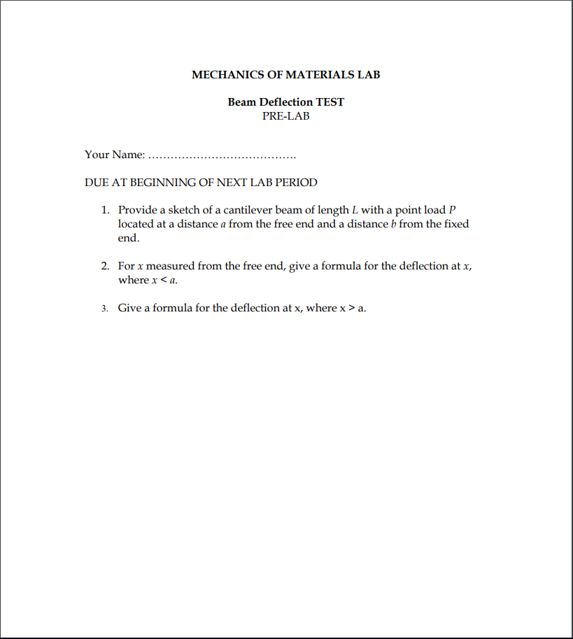 Solved MECHANICS OF MATERIALS LAB Beam Deflection TEST | Chegg.com