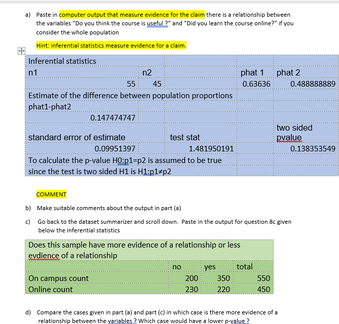 Solved a) Paste in computer output that measure evidence for | Chegg.com