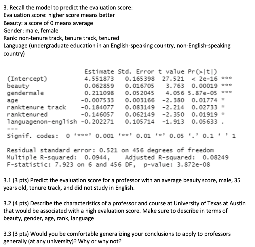 Solved 3. Recall the model to predict the evaluation score: | Chegg.com