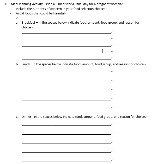 Solved 1. Meal Planning Activity Plan a 3 meals for a usual | Chegg.com
