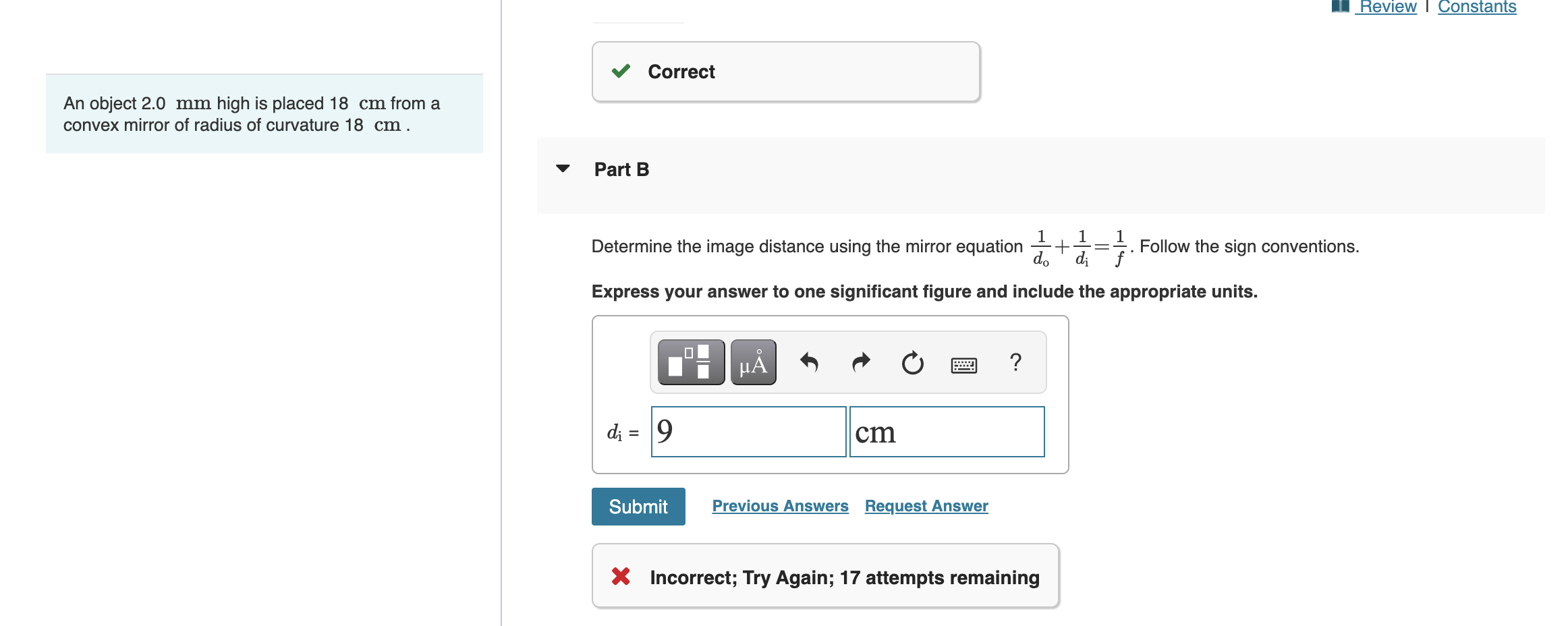 Solved An object 2.0 mm high is placed 18 cm from a convex | Chegg.com