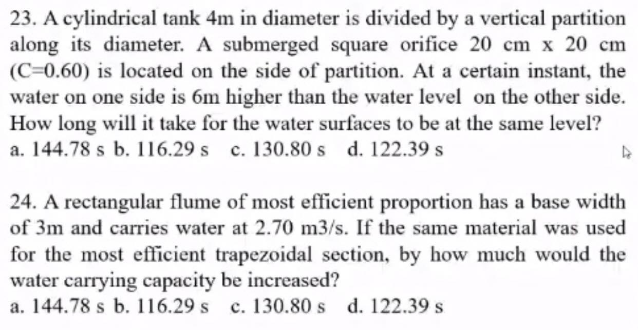 Solved 23. A cylindrical tank 4m in diameter is divided by a | Chegg.com