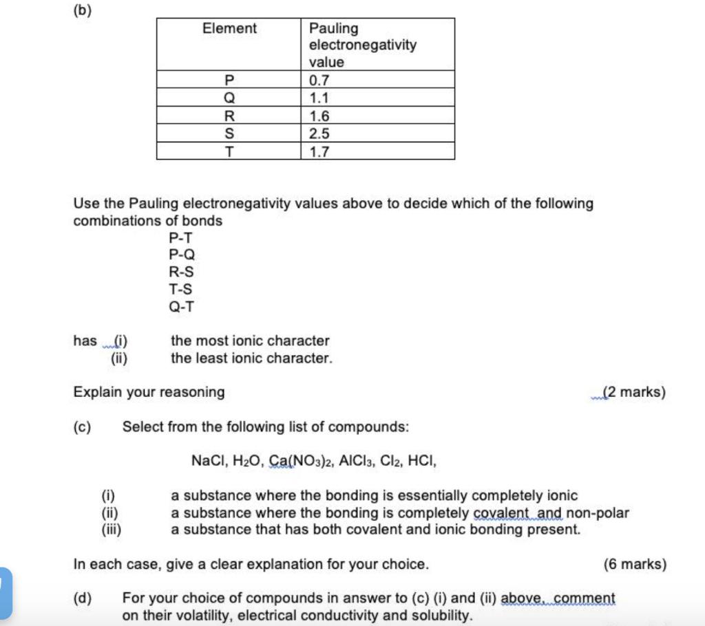 Solved (b) Element Pauling electronegativity value 0.7 1.1 P | Chegg.com