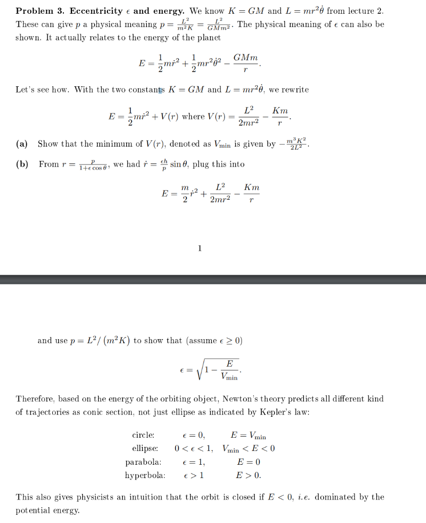 Solved Problem 3. Eccentricity e and energy. We know K = GM | Chegg.com