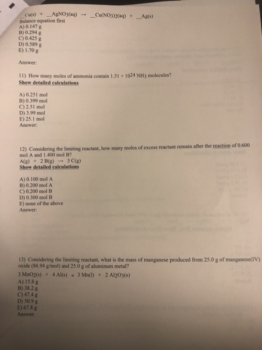 Solved Cus) + AgNO3(ag)Cu(NO3)2(a)+ Ag(s) Balance equation | Chegg.com