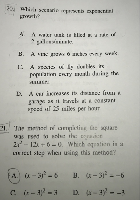 Solved 20. Which scenario represents exponential growth? A. | Chegg.com