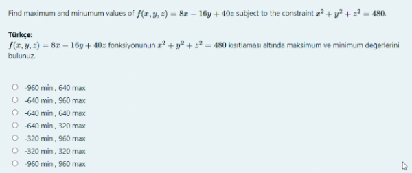 Solved Find maximum and minumum values of f(, y, z) = 8x – | Chegg.com