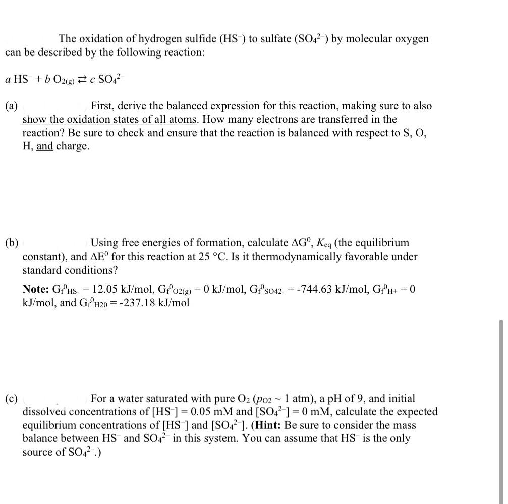 Solved The oxidation of hydrogen sulfide (HS) to sulfate | Chegg.com