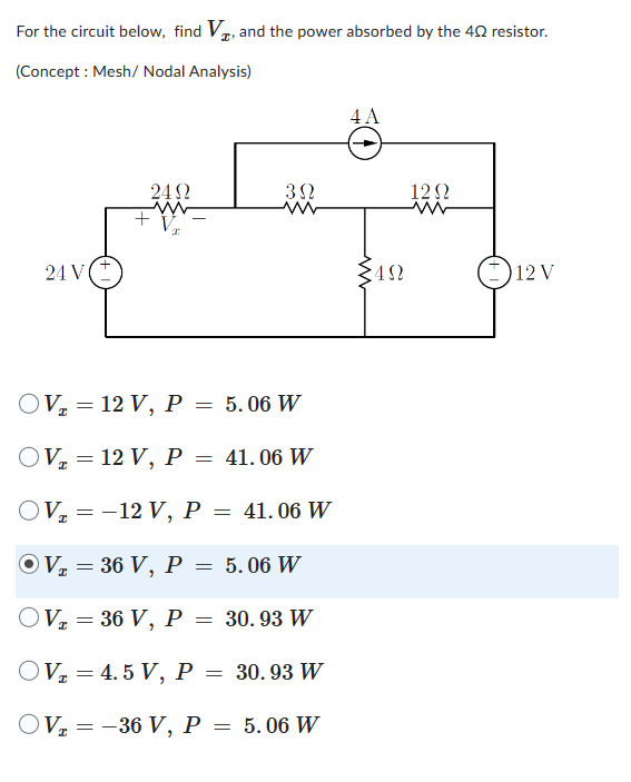 Solved For the circuit below, find Vx, and the power | Chegg.com