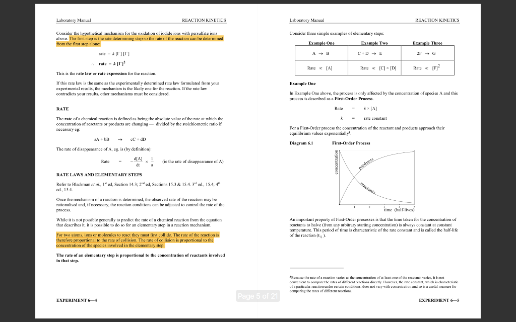 Laboratory Manual REACTION KINETICS EXPERIMENT 6 | Chegg.com