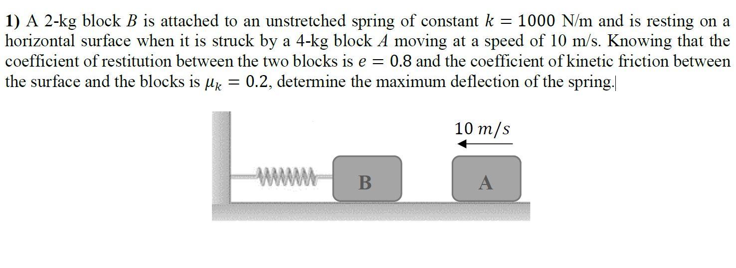 Solved 1) A 2-kg block B is attached to an unstretched | Chegg.com
