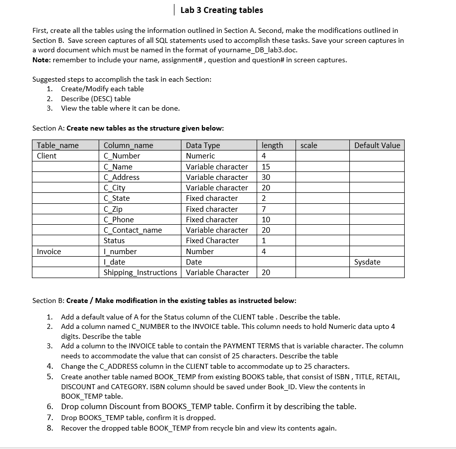 Solved Lab 3 Creating tables First, create all the tables | Chegg.com