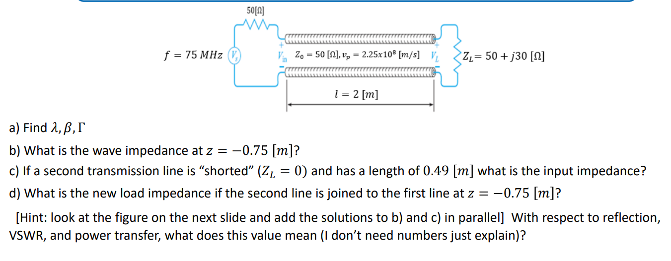 Solved a) ﻿Find λ,β,Γb) ﻿What is the wave impedance at | Chegg.com