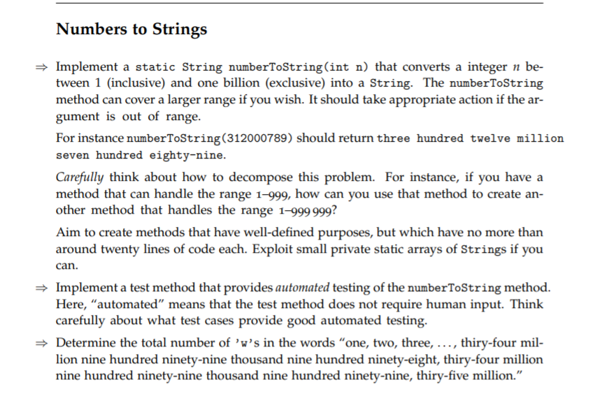 Solved Numbers to Strings Implement a static String | Chegg.com