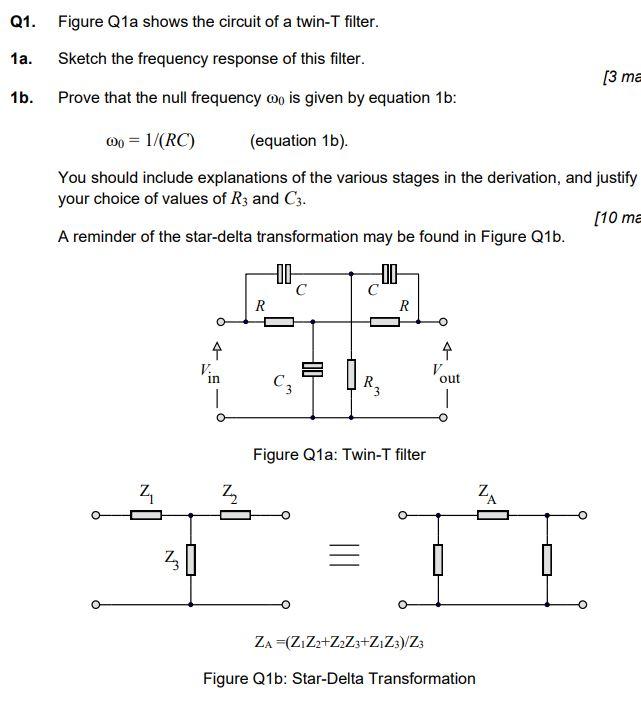 Solved Q1. Figure Q1a shows the circuit of a twin-T filter. | Chegg.com