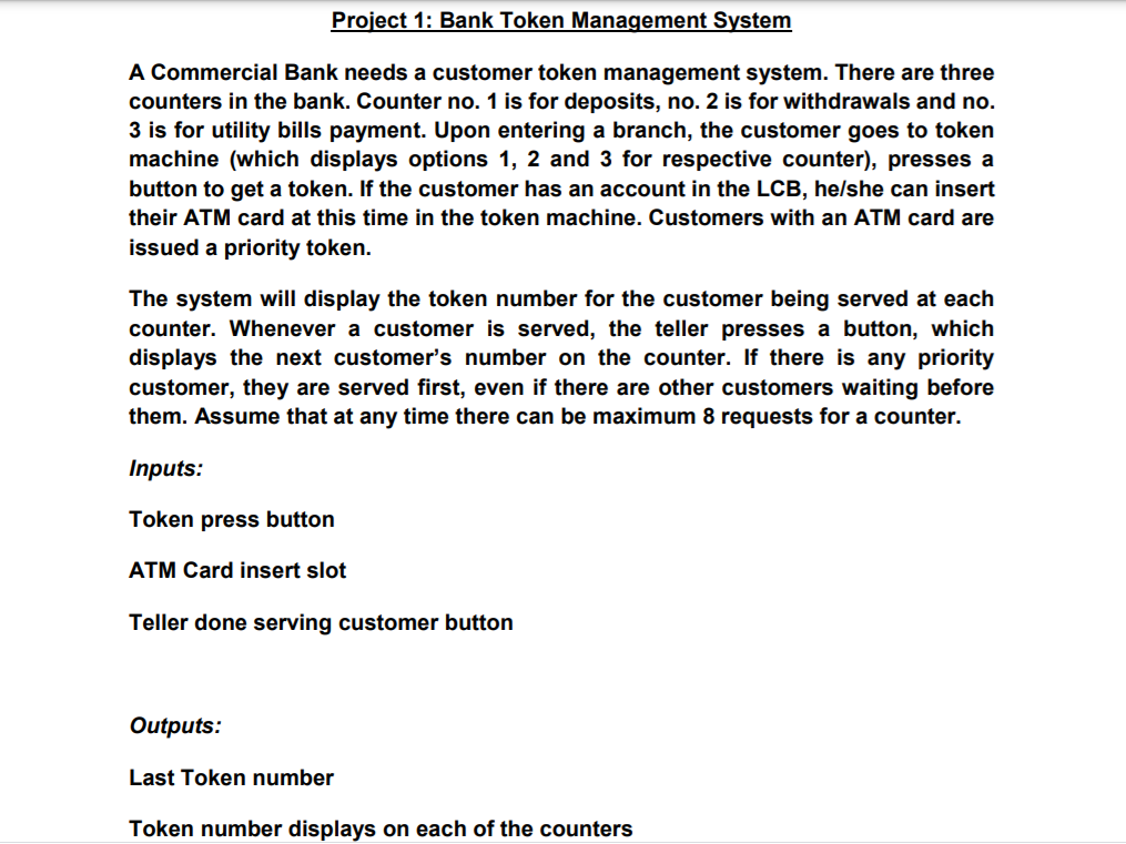 Solved Project 1: Bank Token Management System A Commercial | Chegg.com