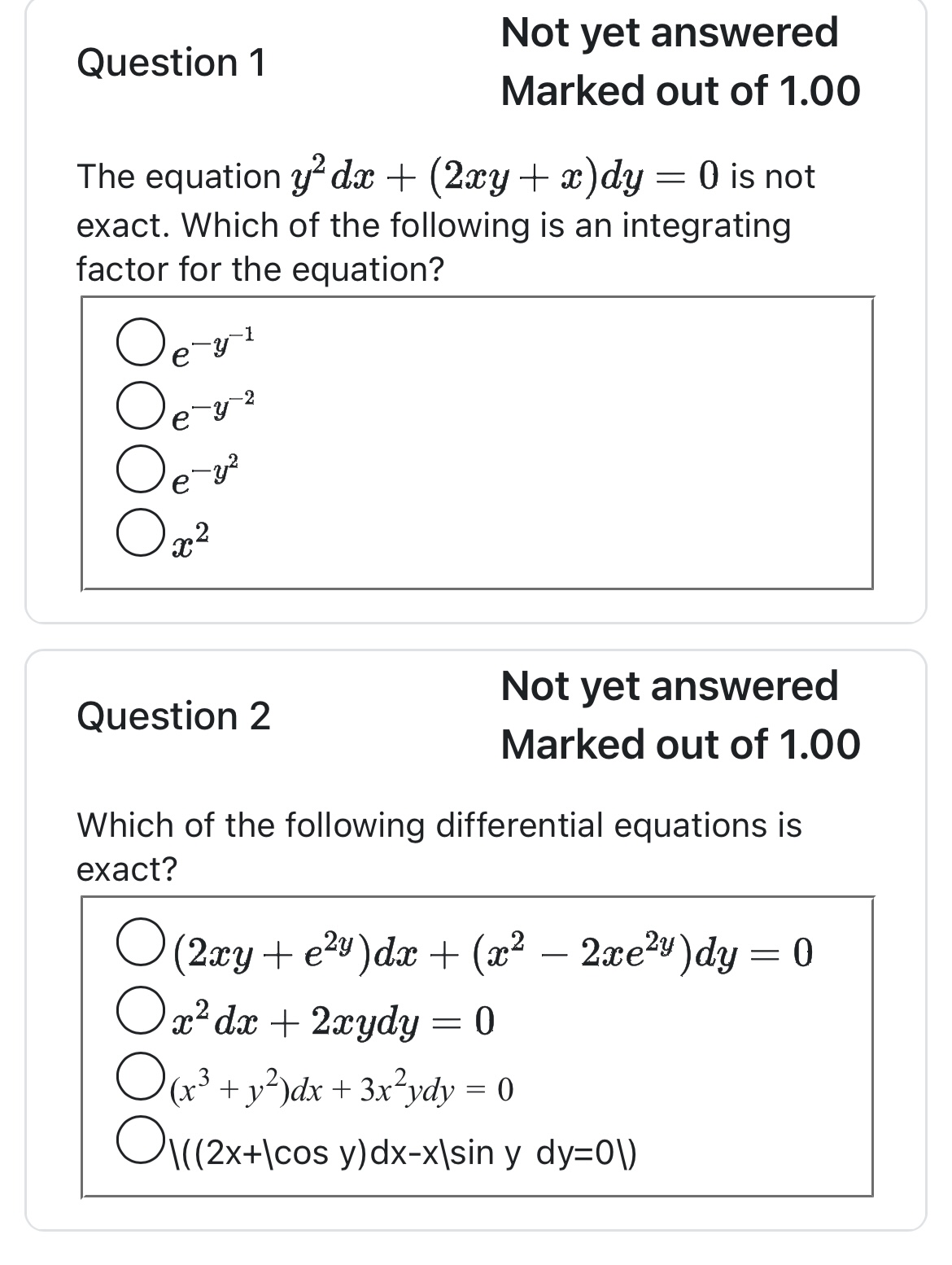 Solved The equation y2dx+(2xy+x)dy=0 is not exact. Which of | Chegg.com