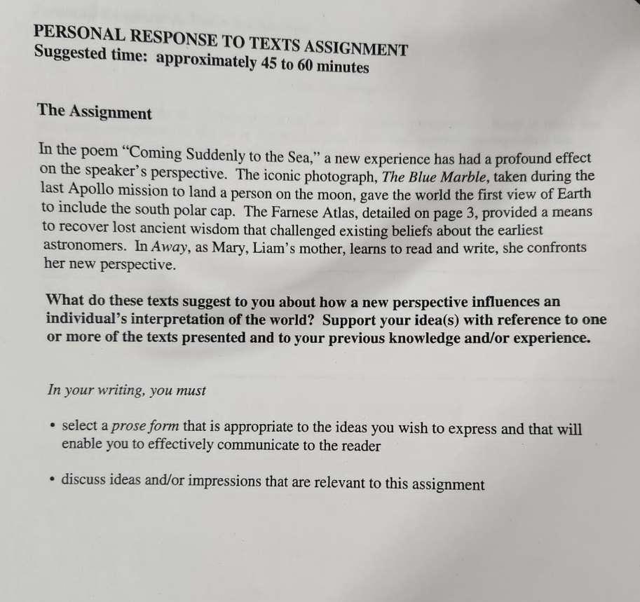 PERSONAL RESPONSE TO TEXTS ASSIGNMENT Suggested time: | Chegg.com