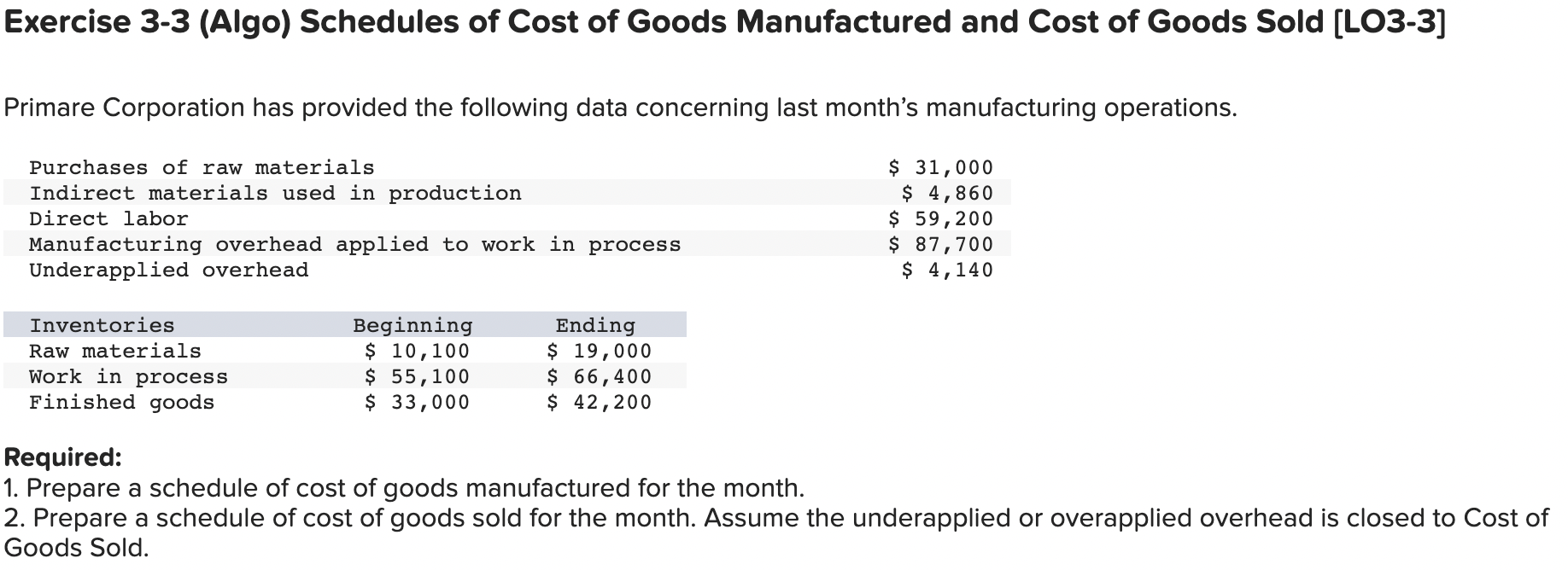 Solved Exercise 3-3 (Algo) Schedules of Cost of Goods | Chegg.com