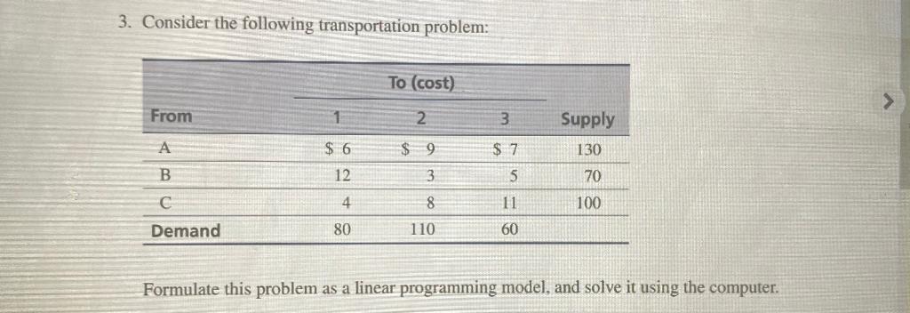 Solved 3. Consider the following transportation problem: To | Chegg.com