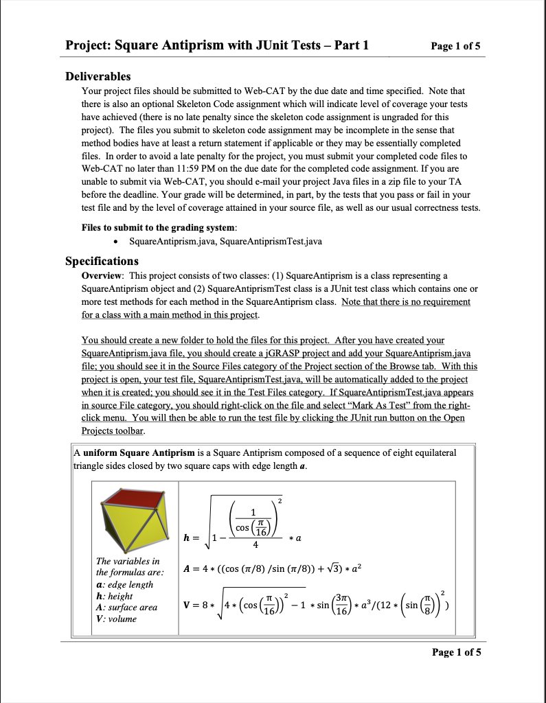 Solved Project: Square Antiprism with JUnit Tests - Part 1 | Chegg.com