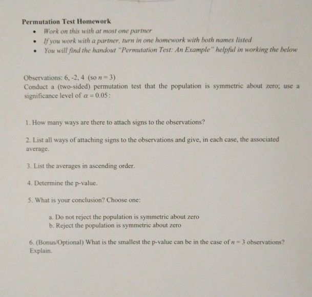 Solved Permutation Test Homework Work on this with at most | Chegg.com