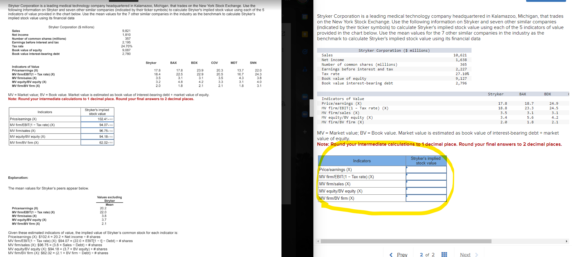 Solved Original Data to Question: Stryker Corporation is a | Chegg.com