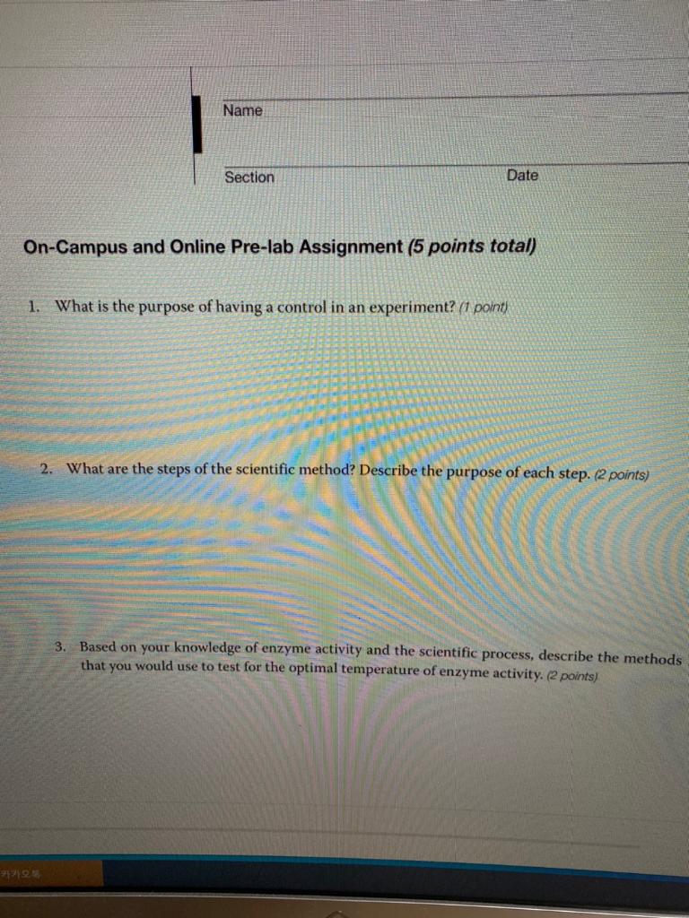 Solved Name Section Date On-Campus and Online Pre-lab | Chegg.com
