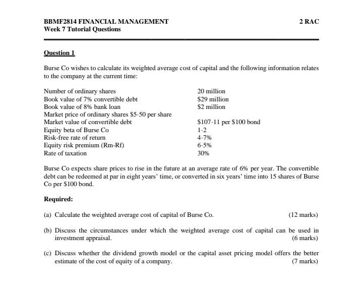 Solved 2 RAC BBMF2814 FINANCIAL MANAGEMENT Week 7 Tutorial | Chegg.com