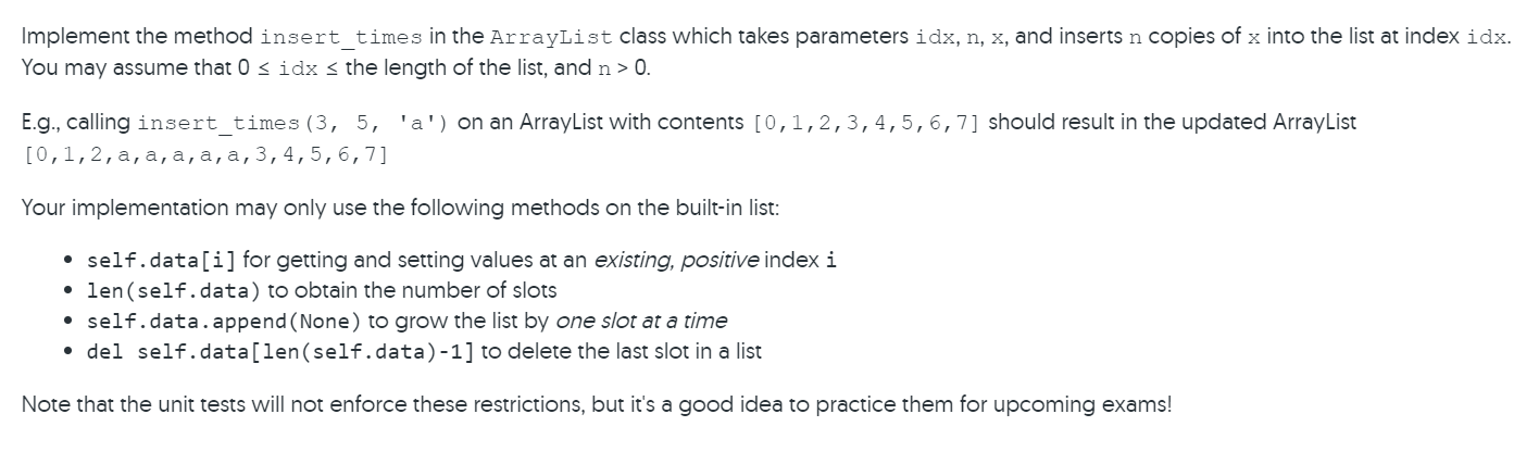 Solved Implement the method insert_times in the ArrayList | Chegg.com