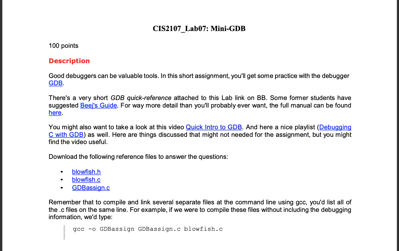 CIS2107_Lab07: Mini-GDB 100 points Description Good | Chegg.com