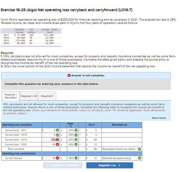 Solved Exercise 16-25 (Algo) Net operating loss carryback | Chegg.com