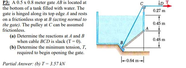 Solved P3: A 0.5 x 0.8 meter gate AB is located at D T the | Chegg.com
