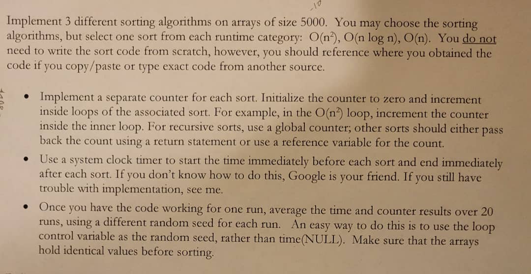 Solved Implement 3 Different Sorting Algorithms On Arrays Of 7802