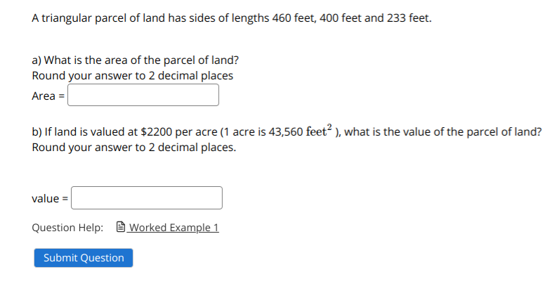 Solved A triangular parcel of land has sides of lengths 460 | Chegg.com