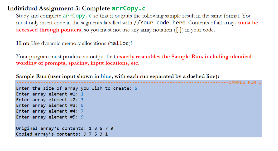 Solved Individual Assignment 3: Complete arrCopy.c Study and | Chegg.com