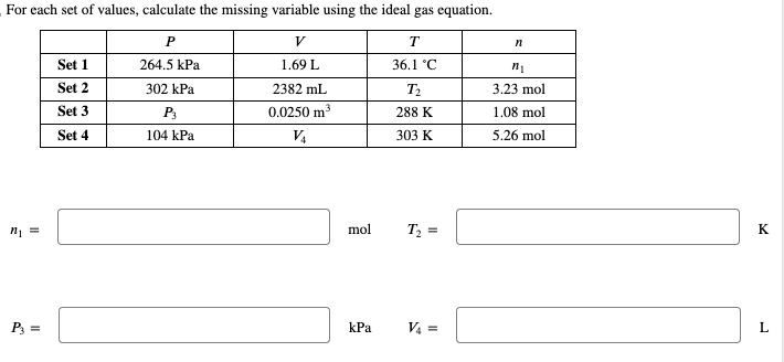 Solved For each set of values, calculate the missing | Chegg.com