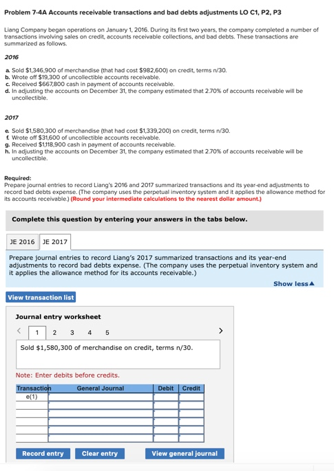Solved Problem 7-4A Accounts receivable transactions and bad | Chegg.com