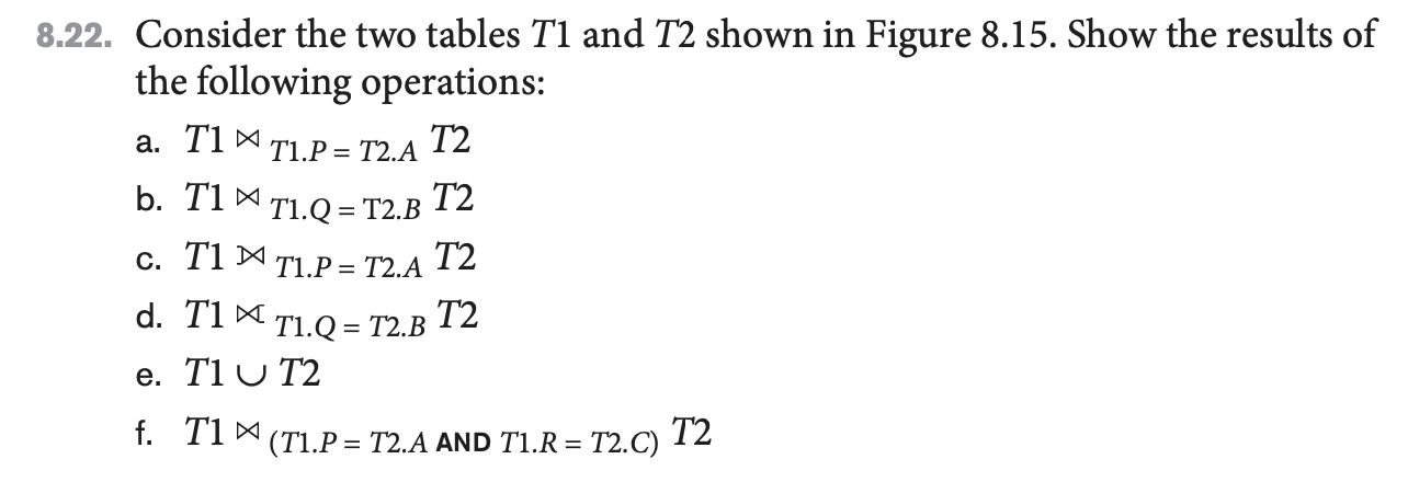 Solved 8.22. Consider the two tables T1 and T2 shown in | Chegg.com