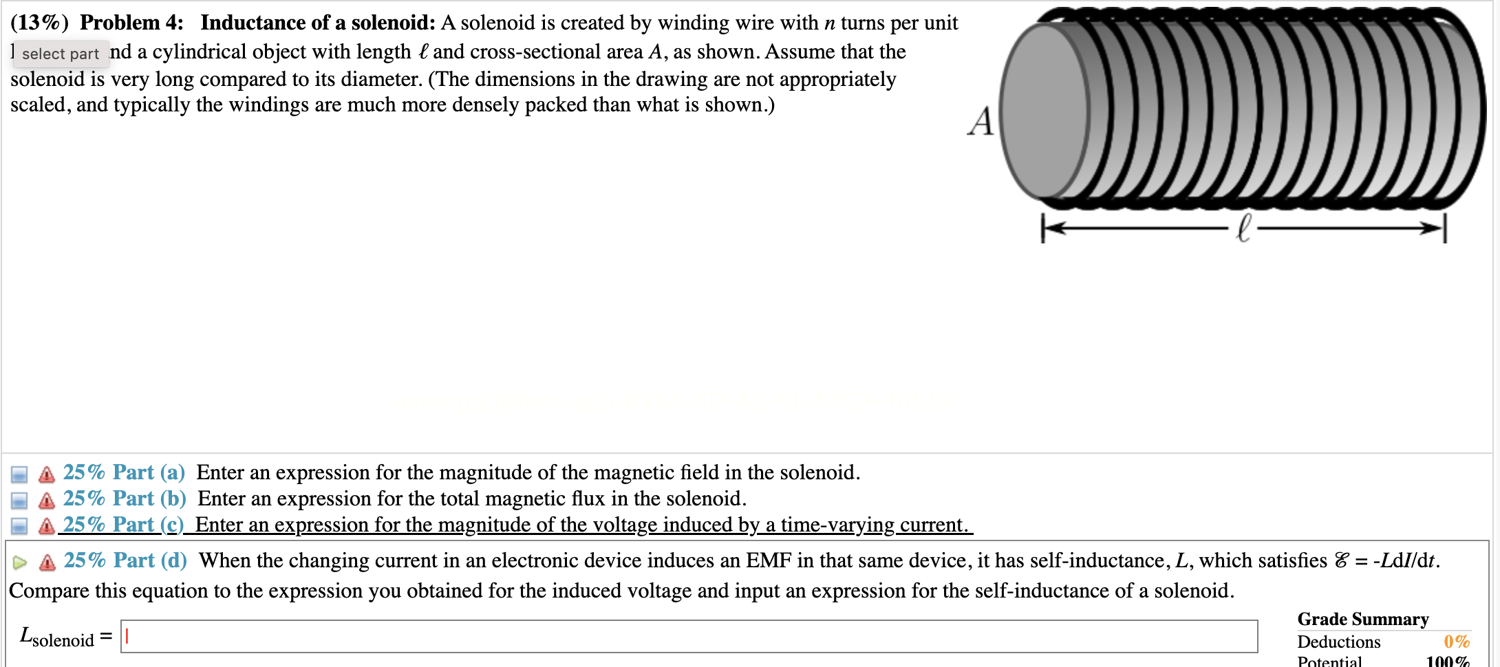 Solved (13\%) Problem 4: Inductance of a solenoid: A | Chegg.com