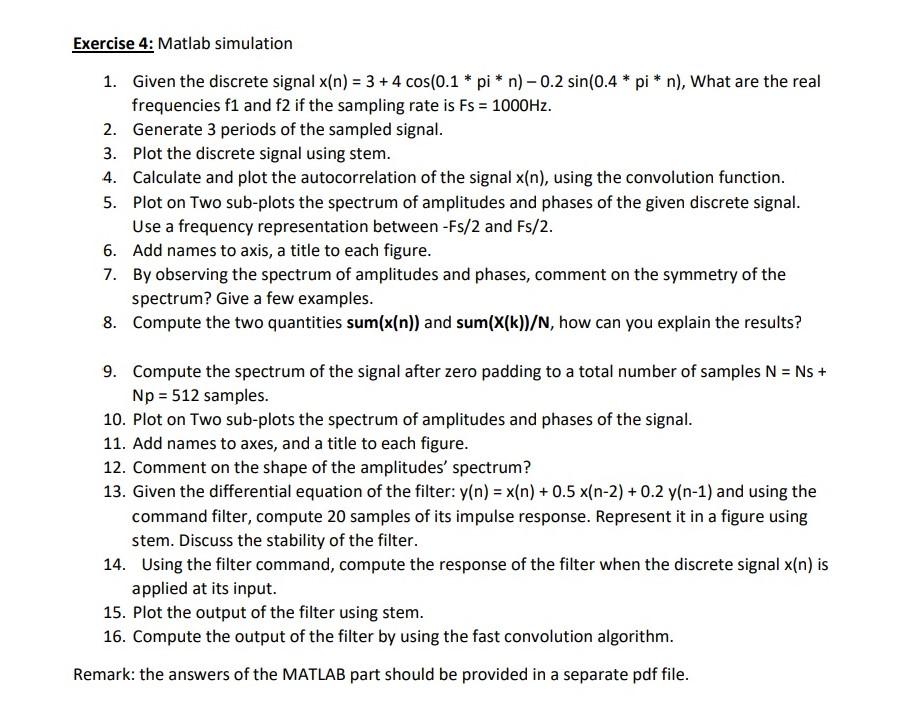 Solved Exercise 4 Matlab Simulation 1 Given The Discrete
