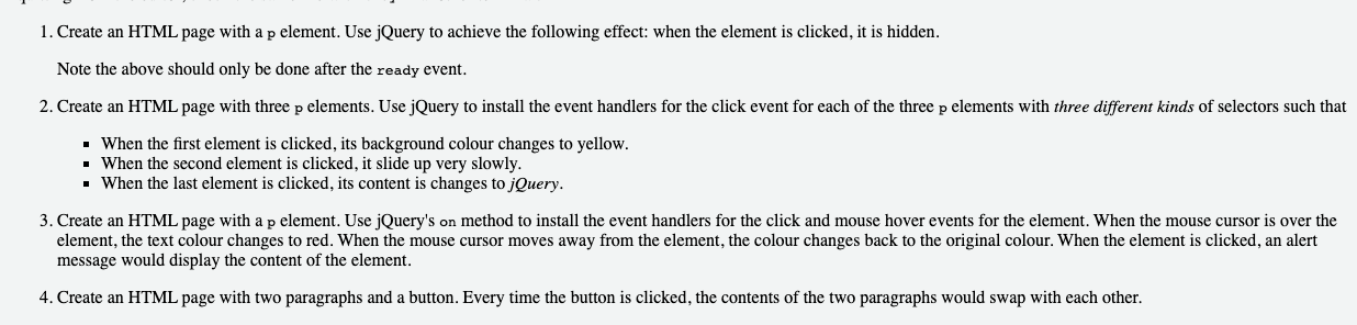 1. Create an HTML page with a p element. Use jQuery | Chegg.com